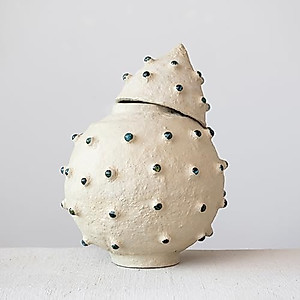 Creative Co-Op Organically Shaped Paper Mache Container with Lid and Marble Dot Design, Ivory Décor