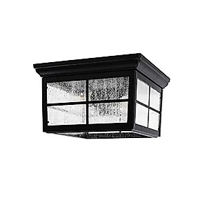 CORAMDEO French Pane Square 2 Light Ceiling Mount Farmhouse Fixture, Indoor or Outdoor, Two Standard Sockets, Open Bottom, Damp Location, Black Powder Coat Finish with Seedy Glass