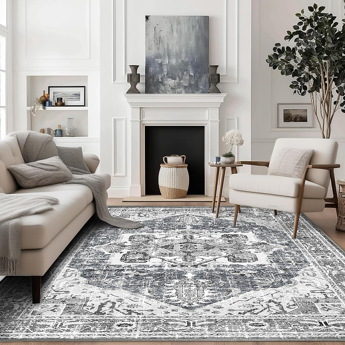 QD-Udreamy Area Rugs for Living Room - 9x12 Area Rugs, Machine Washable Rugs 9x12, Non-Slip, Stain Resistant Soft Boho Vintage Large Carpet Low Pile Thin Rugs for Living Room Bedroom