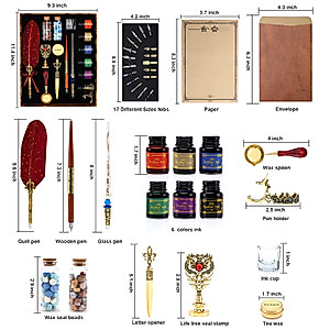 Junhartt Quill Feather Pen and Ink Set, Calligraphy Pen Glass Dip Pen and Wax Seal Stamp Kit (Red)