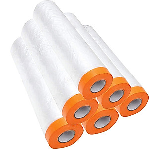 uyoyous 6 Rolls Plastic Painting Film, 9 x 67 ft Pre Taped Masking Paper, Plastic Masking Film, Tape and Drape Painters Paper Rolls for Automotive Furniture Painting Covering