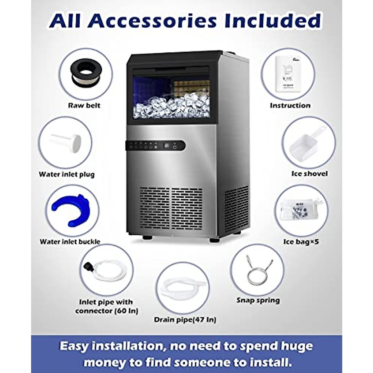 Commercial Ice Maker, 100LBS/24H Under Counter Ice Maker Machine w/Large Ice Bin, 45 Ice Cubes/Cycle, 2 Water Inlet Modes, Self Clean, 24H Timer, Freestanding Ice Machine for Bar, Coffee Shop