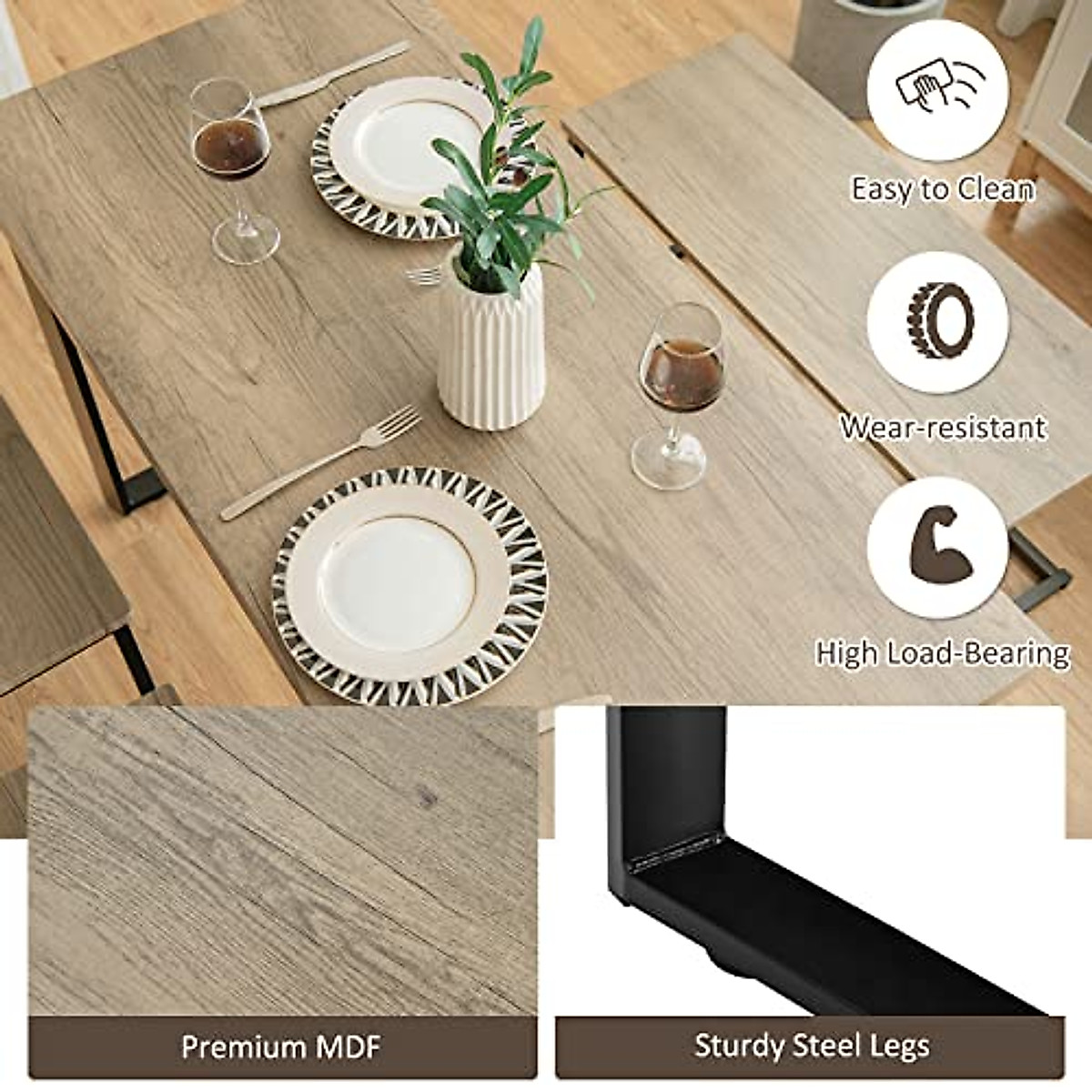 GOFLAME 4-Piece Dining Table Set, Counter Height Dining Set with One Long Bench and Two Stools, Modern Dining Table Set with Space Saving Design, Suitable for Kitchen, Dining Room, Restaurant