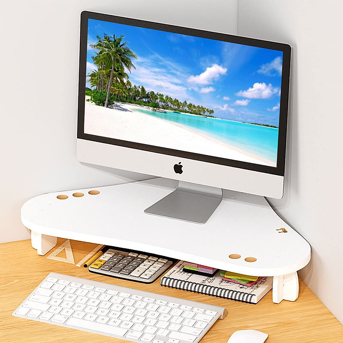Triangle Wood Monitor Stand Riser - White Multi-Purpose Desktop Storage for Computer, Laptop, Printer