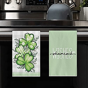 Artoid Mode Buffalo Plaid Eucalyptus Leaves Clover Shamrock Wishes St. Patrick's Day Kitchen Towels Dish Towels, 18x26 Inch Seasonal Decoration Hand Towels Set of 2
