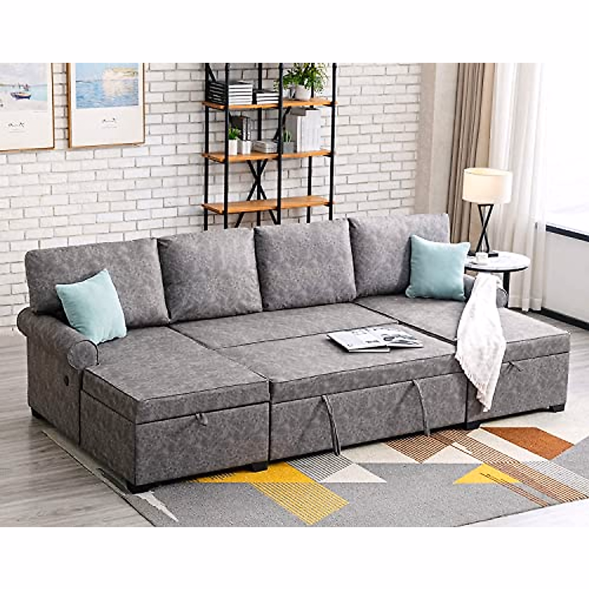 Merax Sectional Sofa Living Room Modern U Shaped Couch with Sleeper Bed, Double Storage Spaces and 2 USB Charging Ports Chaises Longues, Brushed Gray