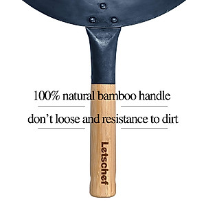 Letschef Preseasoned Carbon Steel Wok 14 Inches Hand Hammered Chinese Traditional Wok and Stir Fry Pan Round Bottom with Bamboo Handle PFOA Free Cookware