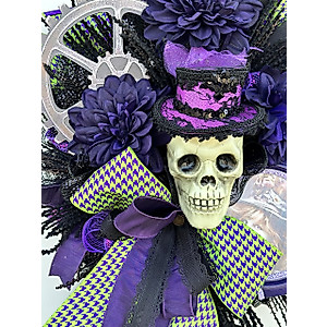 Purple Steampunk Halloween Skeleton Wreath - 26x19in - Spooky and Stylish Décor