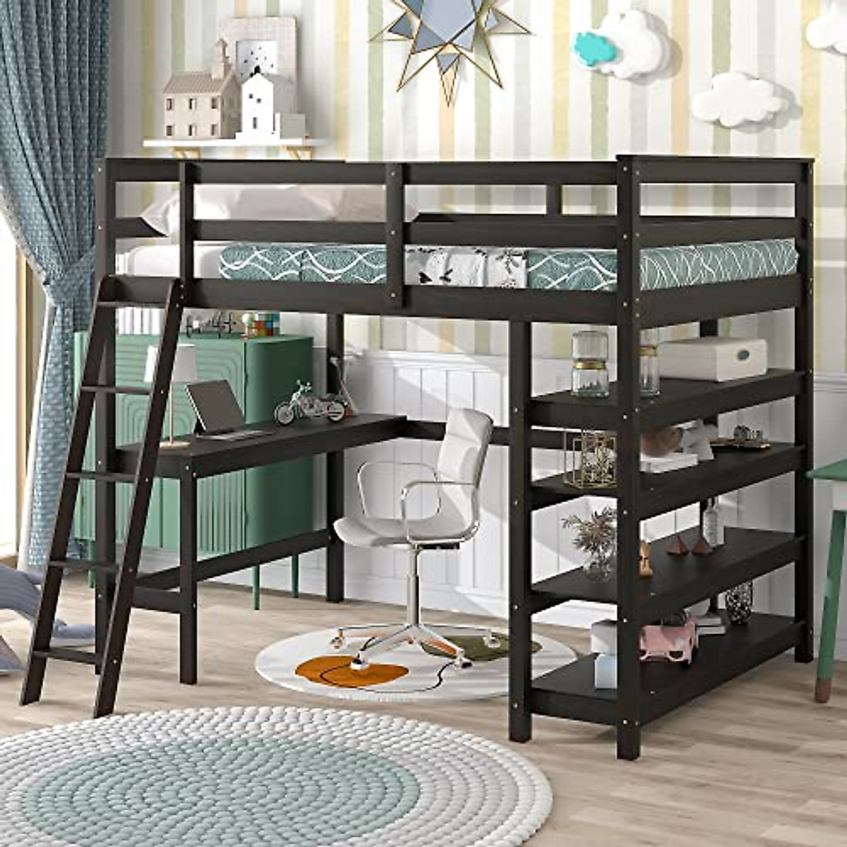 DEYOBED Full Size Wooden Loft Bed Frame with Under-Bed Desk and 4-Tier Storage Shelves - Stylish and Practical Furniture for Enhanced Bedroom Organization