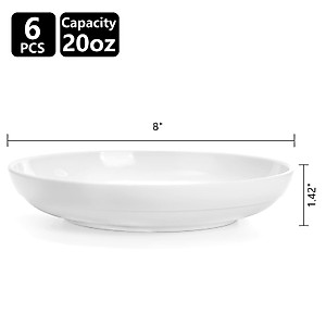Fasmov Melamine Pasta Bowls, 6 Pack 8 inches 20 Oz Large Salad Serving Bowls, Shallow Salad Bowls, Plastic Dinner Deep Plates, Dishwasher Safe, White