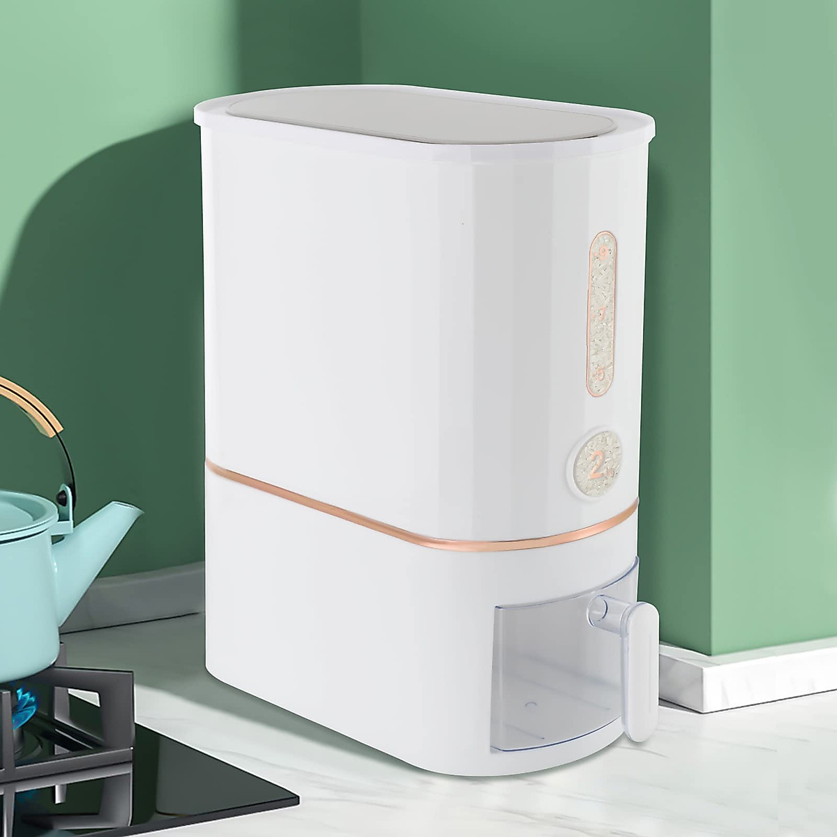 LOYALHEARTDY 22 Lbs Rice Dispenser with Airtight Locking Lid, Large Grain Container Storage with Lid Measuring Cylinder Moisture Proof Household Cereal Dispenser Bucket for Kitchen Soybean Corn