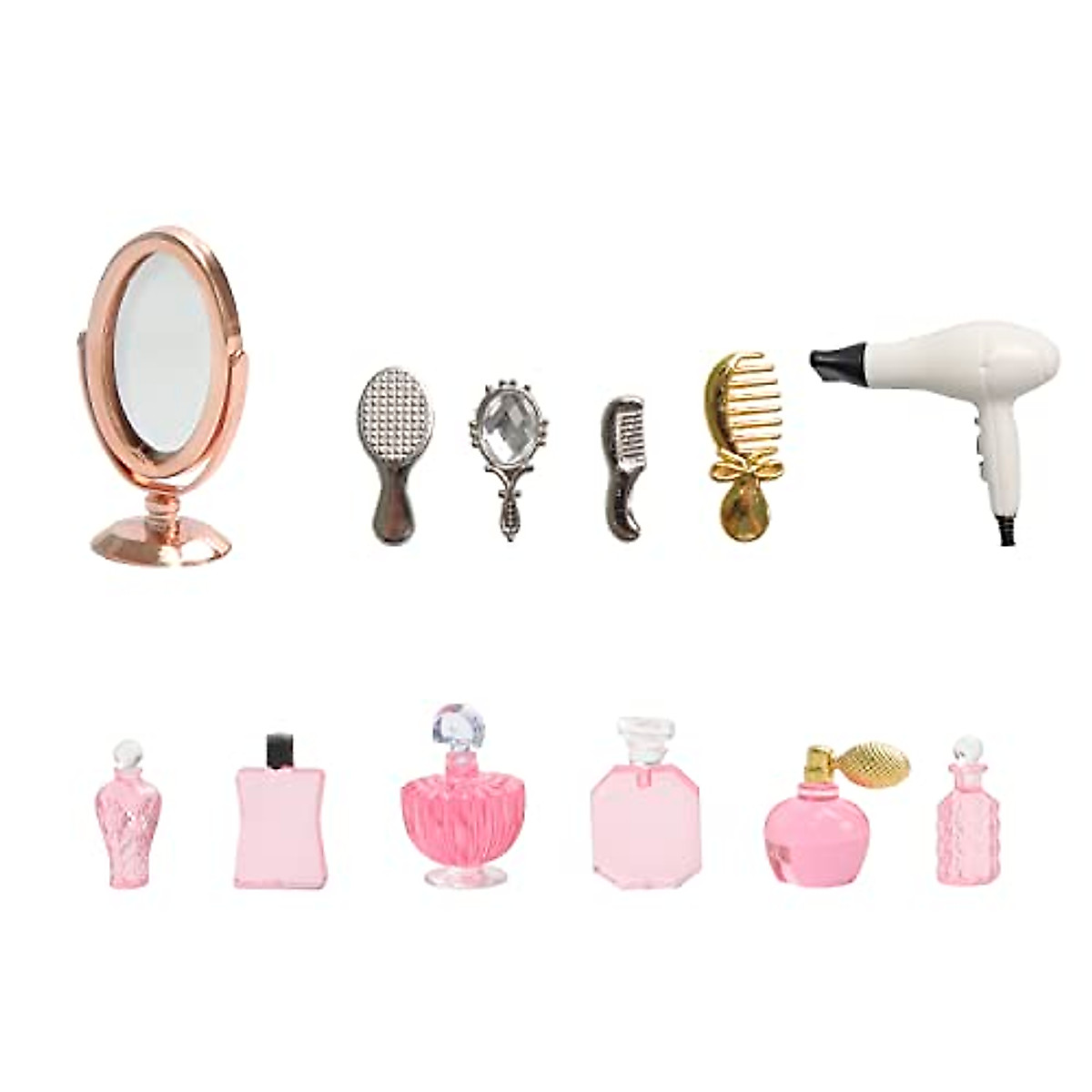 Hiawbon 1/12 Scale Miniature Bathroom Accessories Kit Mini Plastic Hair Dryer Brush Comb Mirror Perfume Bottles Set for Mini House Bedroom Decoration,Set A