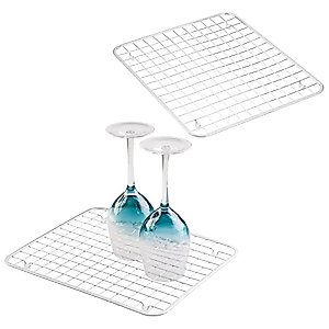 mDesign Modern Metal Wire Kitchen Sink Metal Dish Drying Rack/Mat - Steel Wire Grid Design - Allows Wine Glasses, Mugs, Bowls and Dishes to Drain in Sink - 2 Pack - White