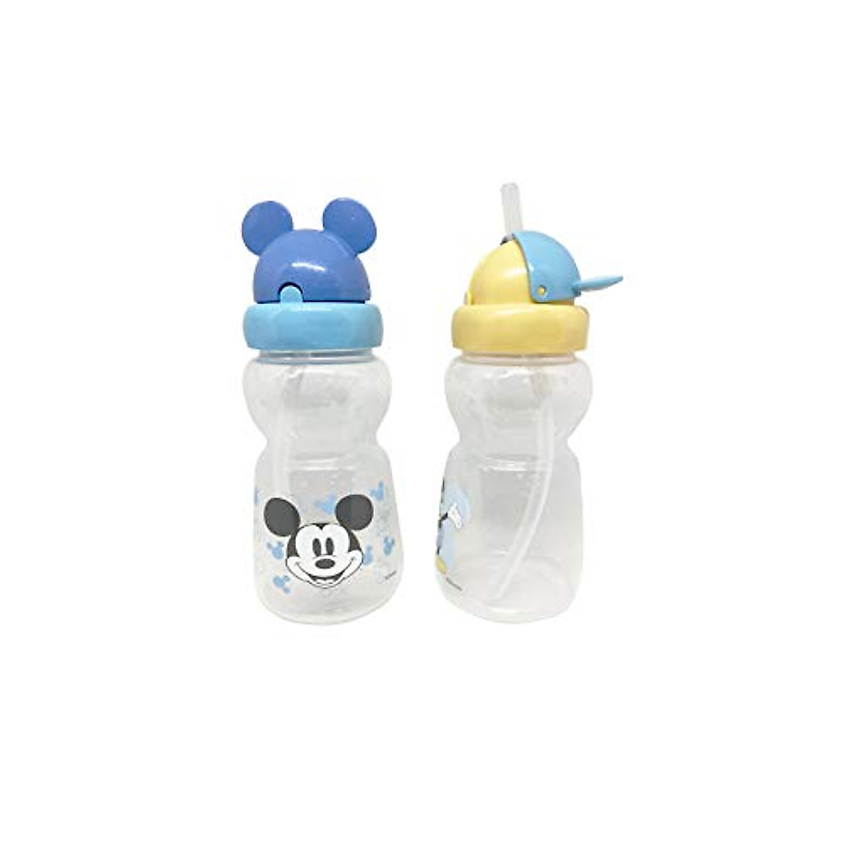 Disney Cudlie Mickey Mouse Baby Boy 2 Pack of 11 Oz Sippers Pop Up Straw Character Molded Lid with Here I Am Print