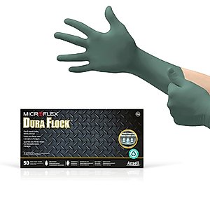 Ansell Microflex Dura Flock DFK-608 Thick 11mil Nitrile Gloves w/Flock Lining for Automotive, Aftermarket, Machinery - XL, Green (Box of 50)