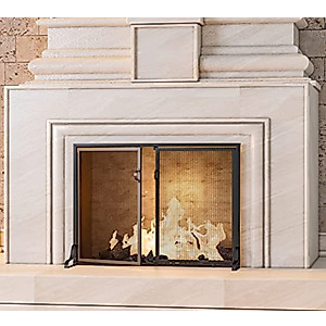 Kingson 37.8x30.7 in Fireplace Screen with Doors, 2-Pannel Handcrafted Solid Wrought Iron Decorative Mesh Classic Fire Spark Guard-Black