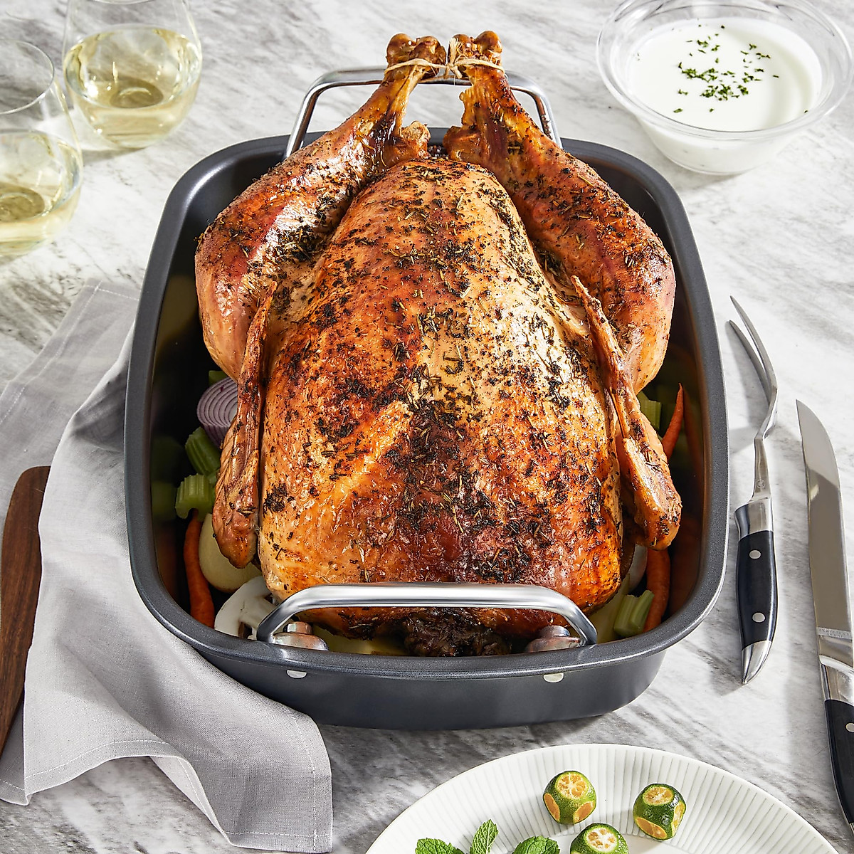 Absorated Roasting Pan with Rack - 17x13.6 Inch Large Turkey Roaster Pan - Double Ply Non-Stick Coated Turkey Pan for Oven - Hold Up to 24 Lbs Chicken, Gray
