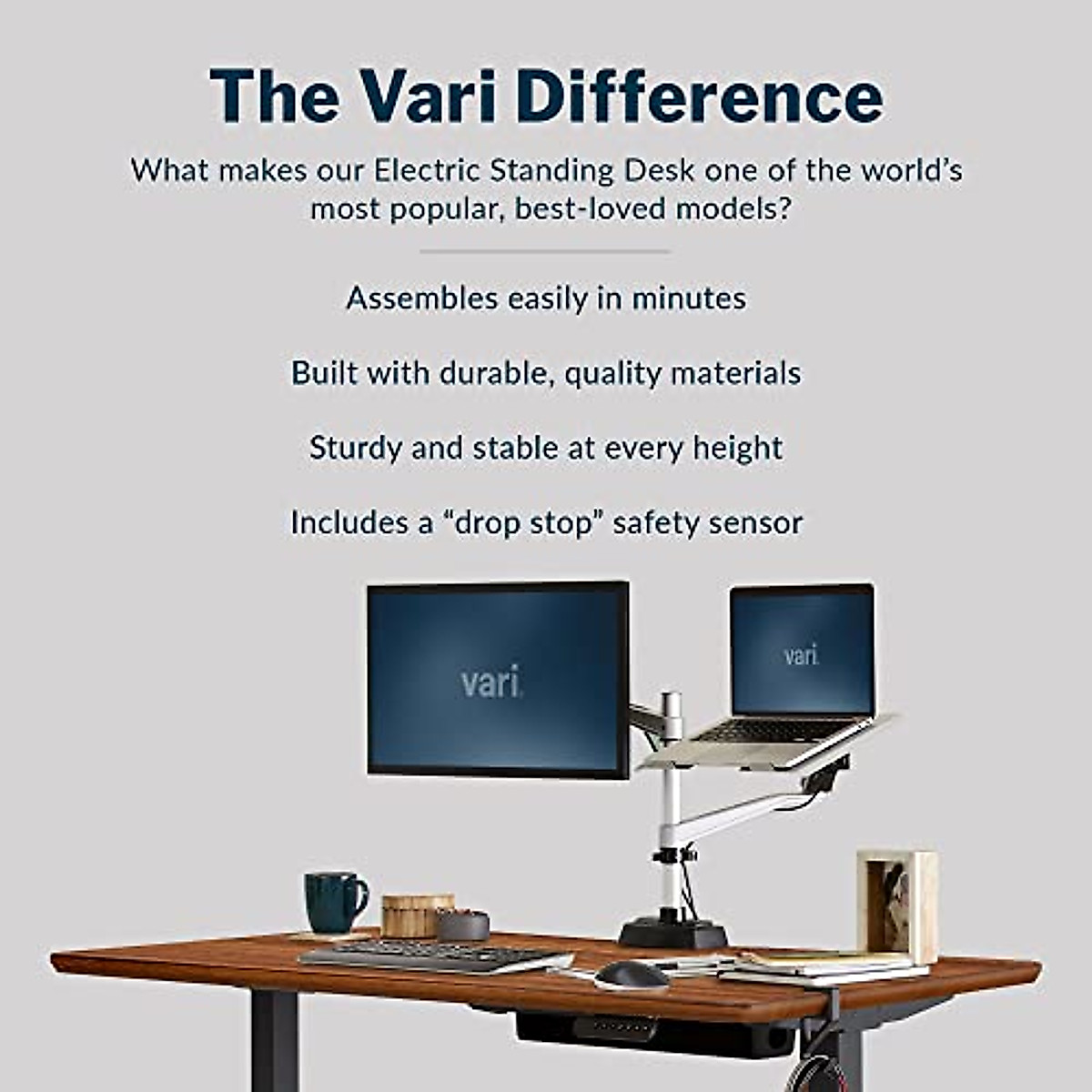 Vari- Standing Desk Adjustable Height (60" x30')- Electric Sit-Stand Computer Desk for Work or Home Office- Dual Motor with Memory Presets- Adjustable Desk from Varidesk- Darkwood