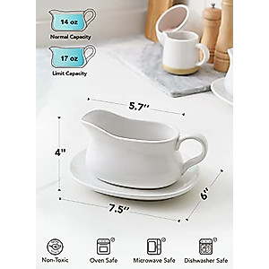 LE TAUCI 17oz Gravy Boat with Saucer Stand, Set of 2, Ceramic Sauce Boat with Tray for Salad Dressings, Creamer, Broth, Black Pepper, White