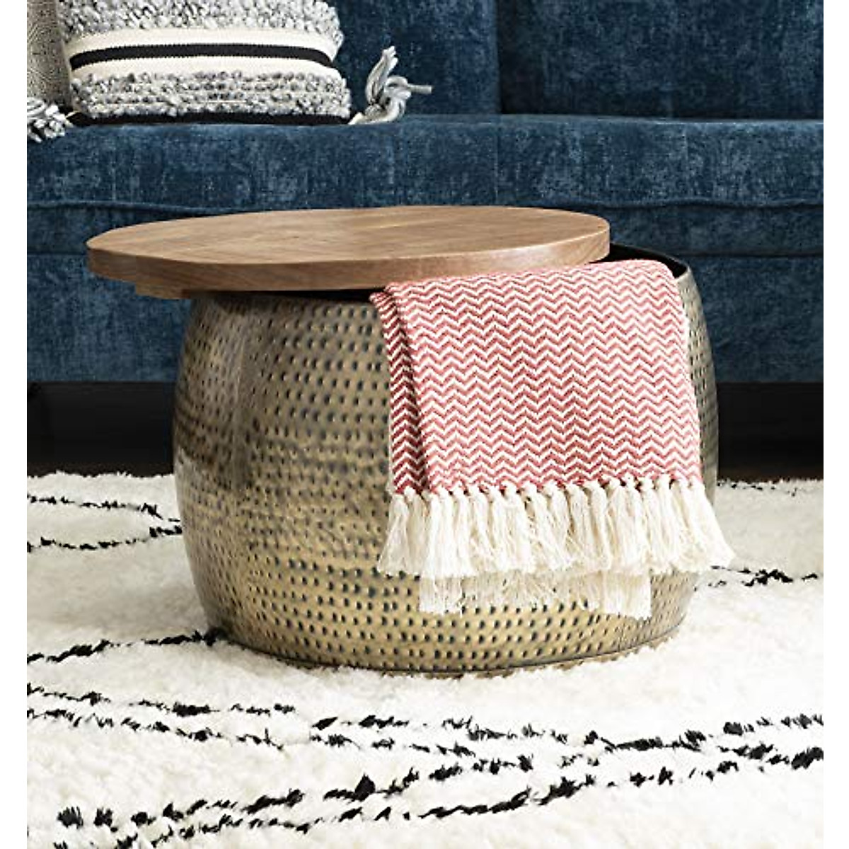 Powell Hammered Gold Drum with Natural Wood Lift Top for Storage Janice Table