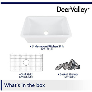 Undermount Kitchen Sink, DeerValley DV-1K513 Glen 30" L x 20" W White Single Bowl Kitchen Sink Fireclay Undermount Sink with Sink Grid and Basket Strainer