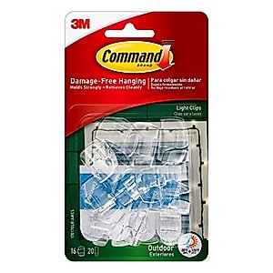 Command Outdoor Light Clips, Damage Free Hanging Outdoor Light Clips with Adhesive Strips, No Tools Wall Clips for Hanging Outdoor Lights and Cables, 16 Clear Clips and 20 Command Strips (Pack of 4)