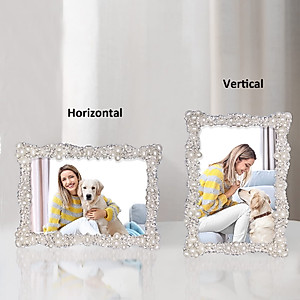 4x6 Pearl Picture Frame with Crystal for Wedding, Silver Plated with High Definition Glass Photo Frames with Rhinestones Horizontal and Vertical Decor Tabletop Display (Real Glass)