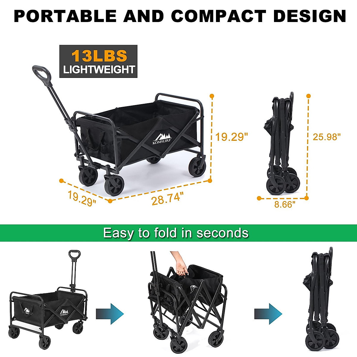KOMSURF Foldable Utility Wagons Heavy Duty Folding Grocery Cart on Wheels, 200 lbs Capacity with Side Pockets for Garden, Shopping, Sporting and Beach Outdoor Use