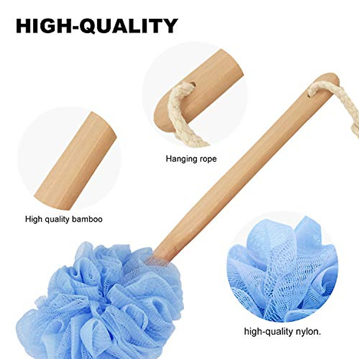 RASDDER Loofah on a Stick, Loofah Back Scrubber for Shower, Bath Sponge with Handle, PE Soft Mesh Luffas, Exfoliating Luffa for Men and Women