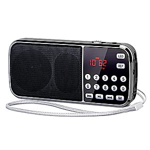 PRUNUS J-189 Bluetooth AM FM Radio, Small Portable Radio - Dual Speaker Heavy Bass, LED Flashlight, Pocket Size, TF Card USB AUX MP3 Player, Rechargeable Battery Operated Small Radio(Black)