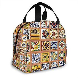 TTLIVEVIP Yellow Lunch Bag for Women, Insulated Lunch Box Reusable Lunch Cooler Tote Bag Thermal Lunchbag for School Picnic Work, Mexican Tiles