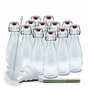 Nevlers 12pcs 8.5 Oz. Glass Bottle Set with Swing Top Stoppers, Bottle Brush, Funnel & Gold Marker - Clear Beverage Bottles for Water, Wine, Juices, Infused Oils