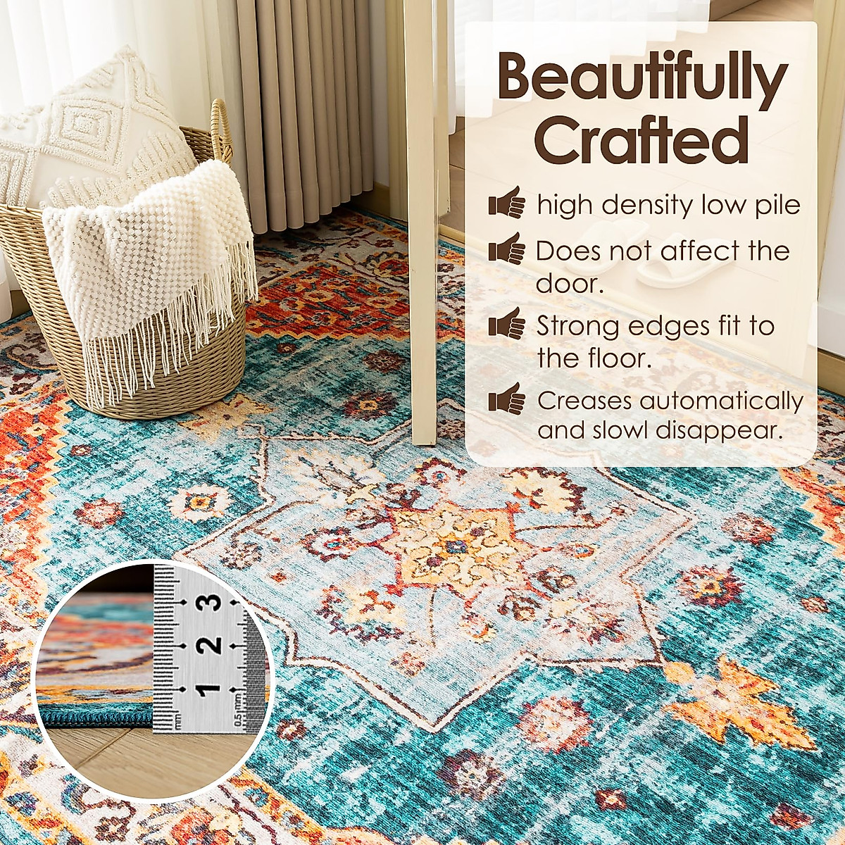 INGEROOM Washable Area Rugs for Living Room Vintage Large Area Rug 5×7 Boho Rug Non-Slip Carpet Machine Washable Area Rugs for Bedroom and Kitchen Made of Faux Wool Ruggable Rugs
