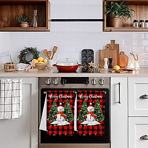 Beisseid Christmas Kitchen Dish Towels Snowman with Xmas Tree Dish Cloth Fingertip Bath Towels Cloth Red Buffalo Plaid Check Hand Drying Soft Cotton Tea Towel Set 18x28in 2PCS