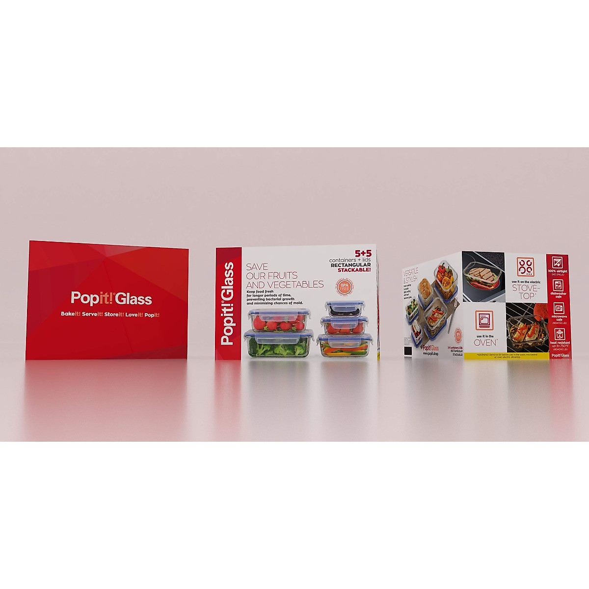 5 Pack Rectangular Heat Resistant Borosilicate Glass Airtight Containers with Lock Down Lids By Popit