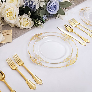 Morejoy 100 Pieces Gold Plastic Plates - Clear Gold Disposable Plates - 10.25inch Clear Plastic Dinner Plates With Gold Rim for Weddings & Parties & Shower