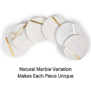 Cork & Mill Marble Coasters for Drinks - Set of 6 Handcrafted Modern Coasters - 4" Wide Drink Coasters - White Marble Coasters with Gold Brass Inlay - Made from Real Solid Marble