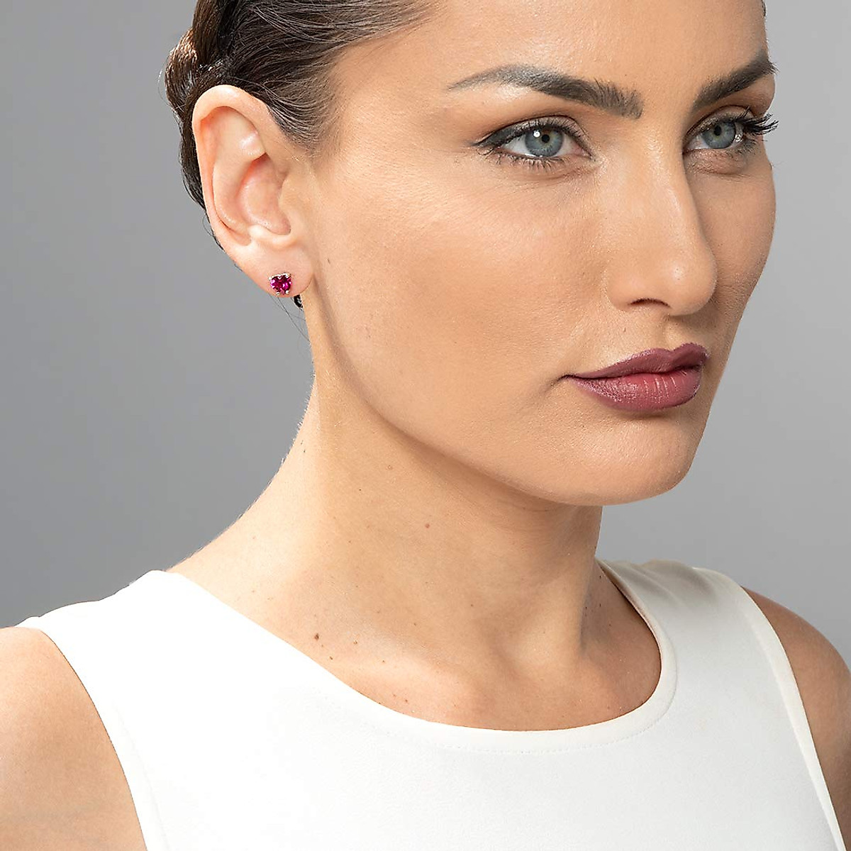 Peora Solid 14K White Gold Created Ruby Heart Stud Earrings for Women, Classic Solitaire Studs, 6mm, 2 Carats total, Friction Back