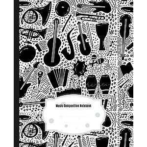 Music On Black Composition Notebook: Beautiful Wide Blank Lined Workbook for Kids Girls Boys Students Teens Home School and College