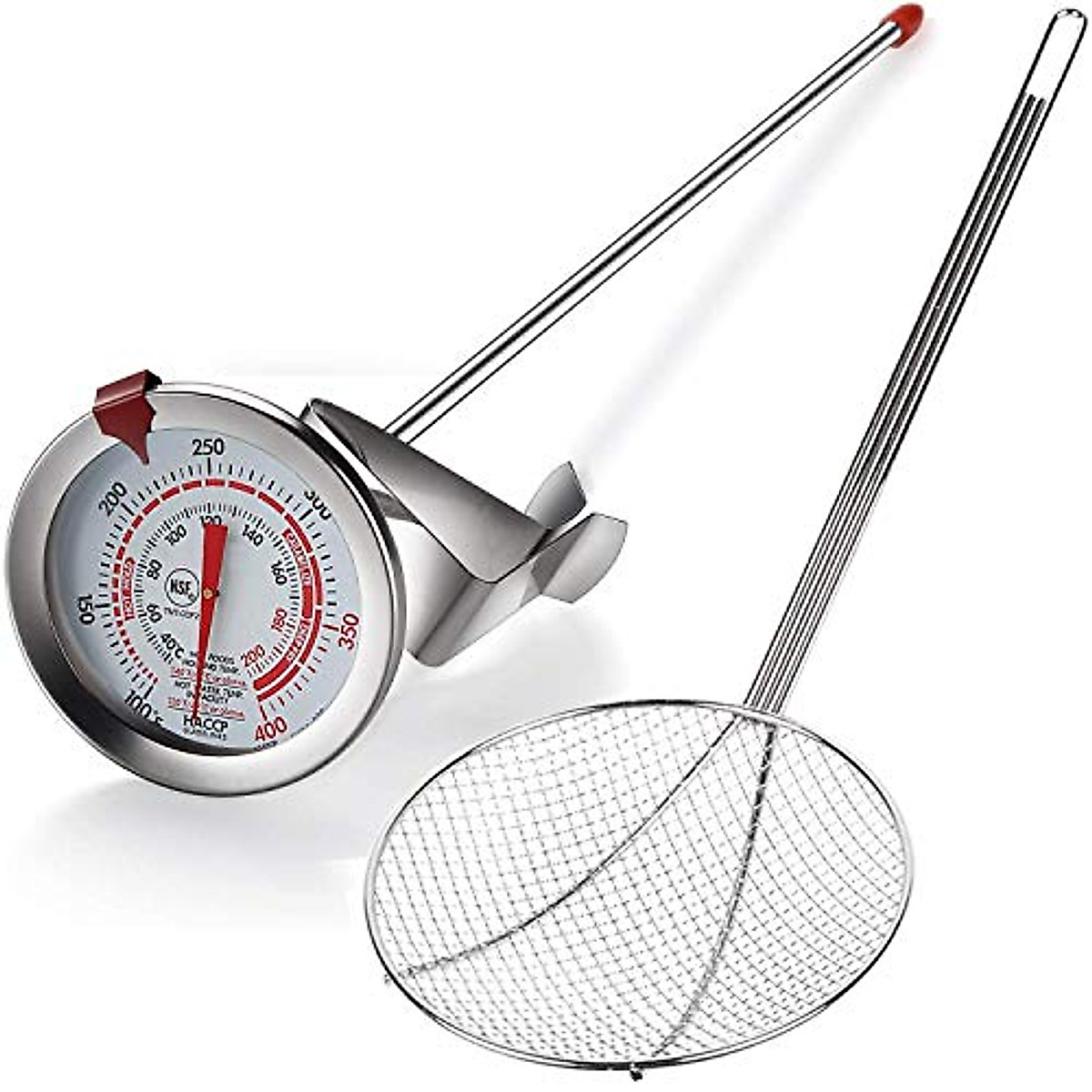 Oil/Deep Fry Thermometer with Oil Skimmer for Cooking | Includes Deep Fryer Thermometer with Clip for Frying Oil, Turkey, BBQ, Grill and Strainer Spoon with Handle for Frying, Cooking, Skimming.