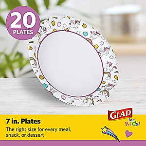 Glad for Kids Paper Plates, Small Round Paper Plates with Cute Designs for Kids Heavy Duty Disposable Soak Proof Microwavable Paper Plates for All Occasions, Unicorns, 7 Inch, 20 Count