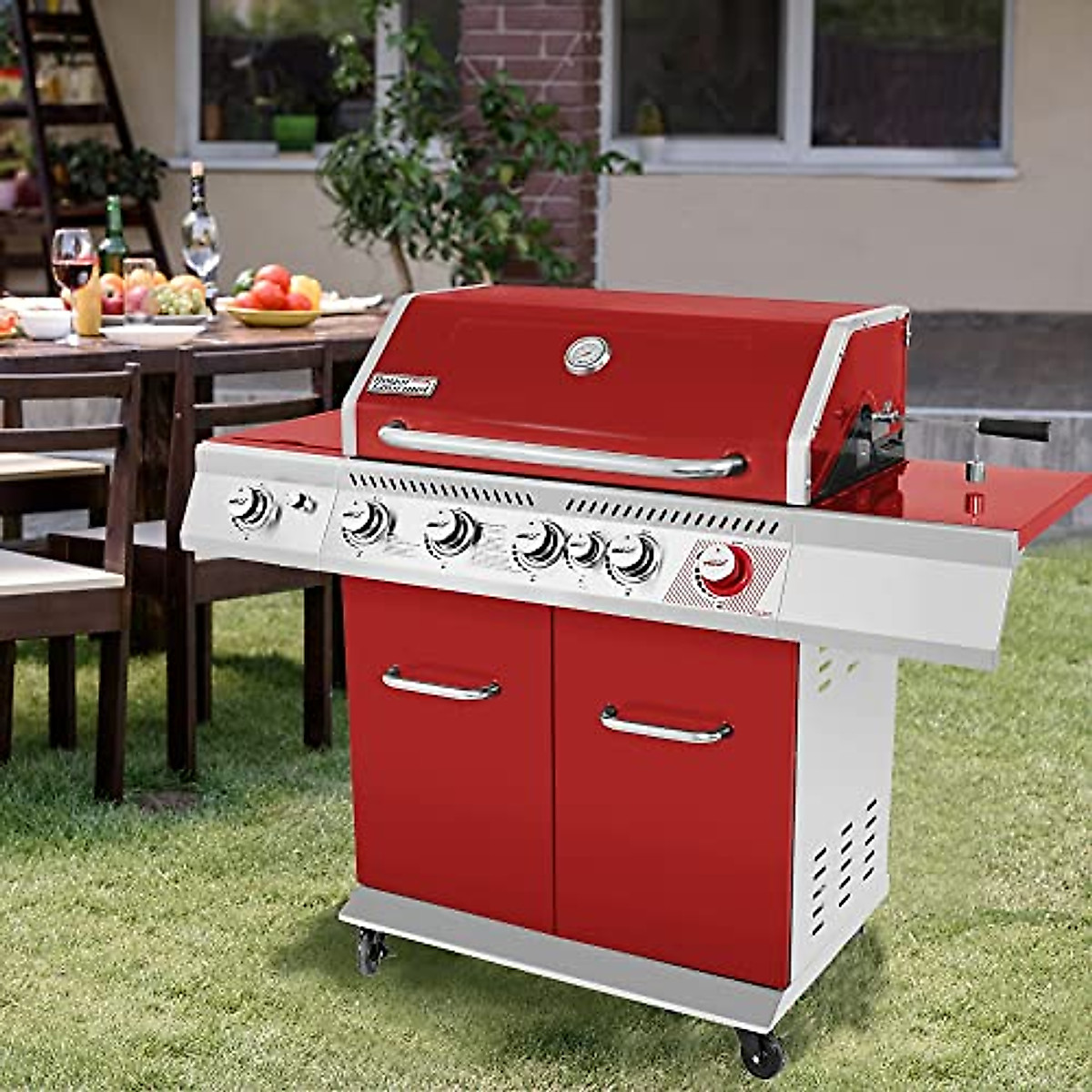 Royal Gourmet GA5403R Premier 5 BBQ Propane Gas Grill with Rotisserie Kit, Sear, Rear Side Burner, Patio Picnic Backyard Cabinet Style Outdoor Party Cooking, Red