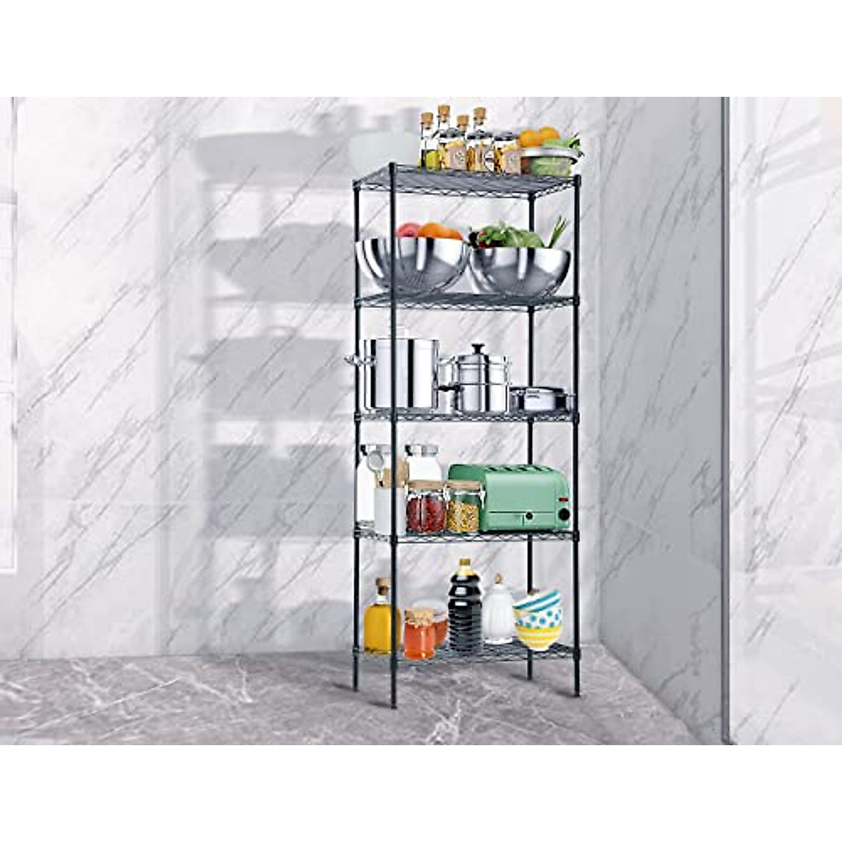 5-Shelf Metal Shelving Unit Height Adjustable Commercial Wire Shelving Rack with Leveling Feet 150Lb Capacity Per Shelf 24"x14"x60" Utility Storage Shelves for Kitchen Home Restaurant Pantry Office