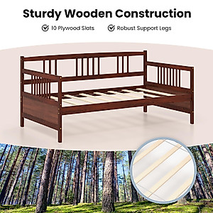 Giantex Twin Daybed Frame, Wooden Sofa Bed Guest Bed with Rails & Wood Slat Support, Dual-use Twin Size Platform Bed Frame for Living Room Bedroom, No Box Spring Needed, Cherry