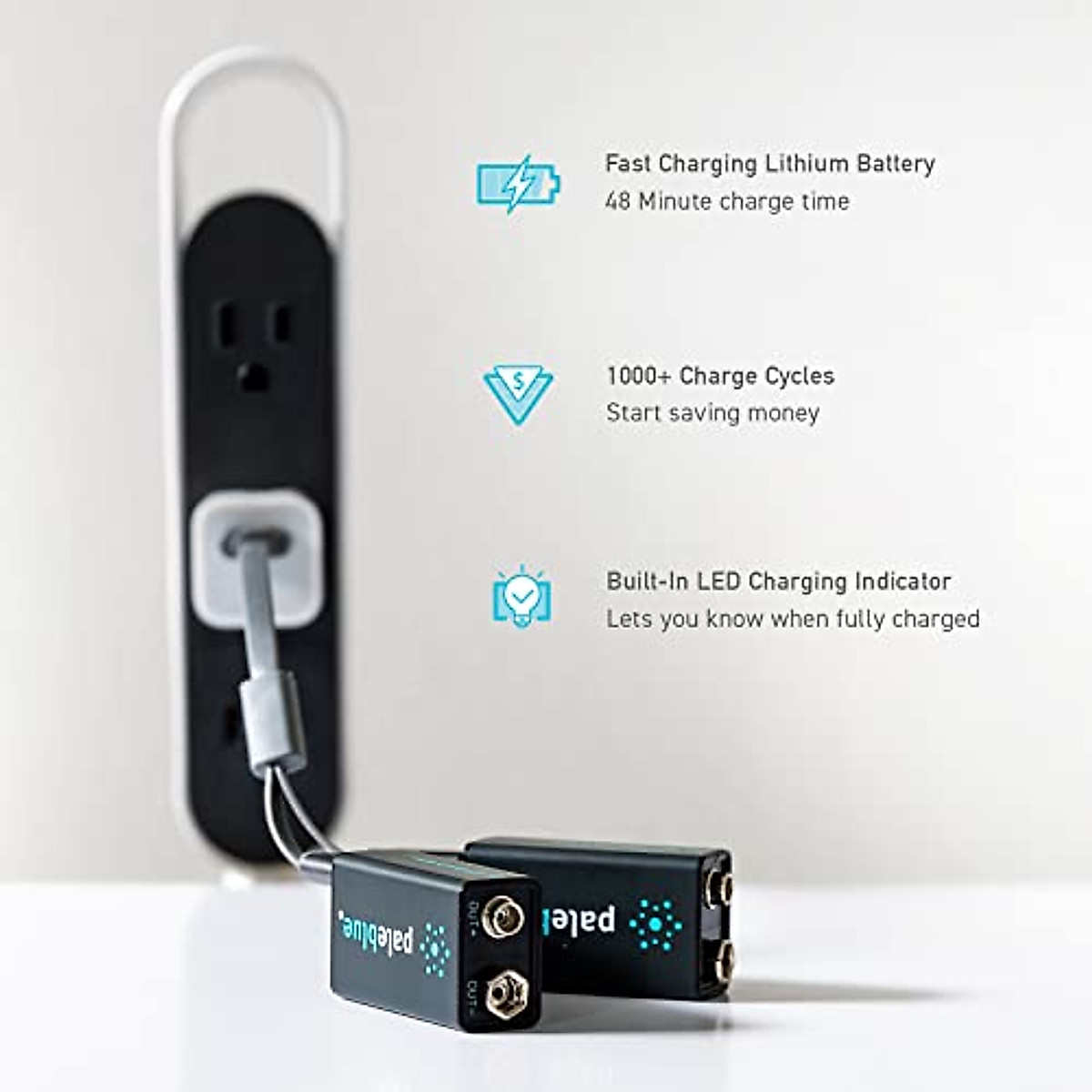 Rechargeable 9V Smart Batteries with USB Charger by Pale Blue, Lithium Ion 9 Volt 500 mAh, Charges Under 1 Hour, Over 1000 Cycles, 2-in-1 USB to Micro USB Charging Cable, LED Charge Indicator, 2-Pack