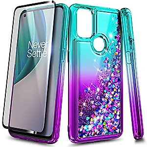 NZND Case for OnePlus Nord N10 5G with Tempered Glass Screen Protector (Full Coverage), Sparkle Glitter Flowing Liquid Women Girls Cute Phone Case (Aqua/Purple)