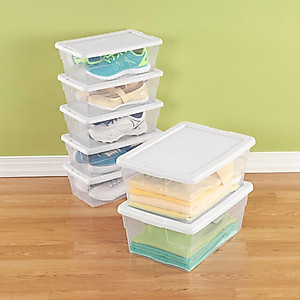 Sterilite 6 Qt Clear Plastic Stackable Storage Bin w/White Latching Lid Organizing Solution, 12 Pack