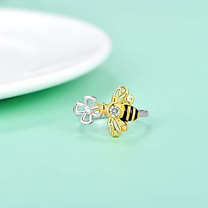 LONAGO Bee Ring with Flower 5A Cubic Zirconia Yellow Gold 925 Sterling Silver Bee Stacking Ring for Women (Size 7)