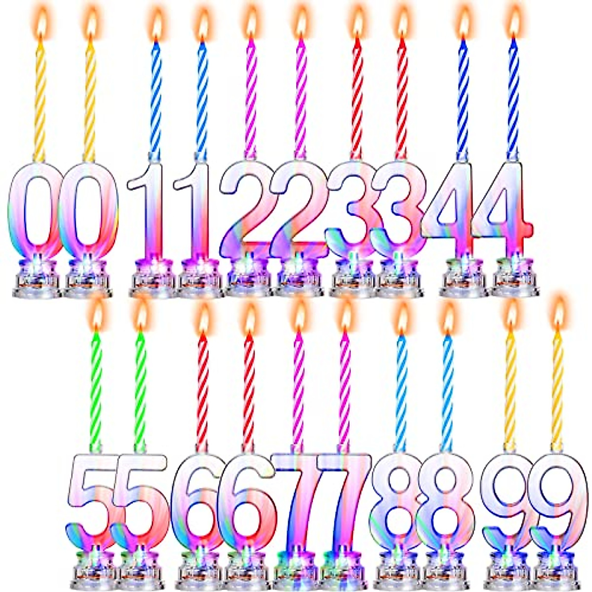 20 Pieces Birthday Number Candle Flashing Multicolor Light up Cake Candle Set LED Number Birthday Cake Topper Candle with 80 Pieces Wax Candles for Birthday Anniversary Celebration