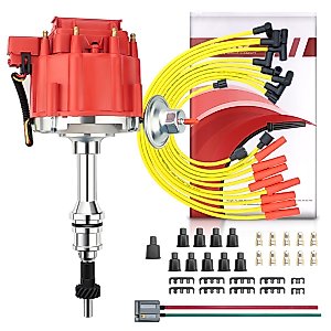 MAS Premium HEI Ignition Distributor 65K Volt with Performance Spark Plug Wires & Free Pigtail Battery Wiring Harness Compatible with SBF Ford Small Block 260 289 302 1030213 PE330U（Red Racing Kit）